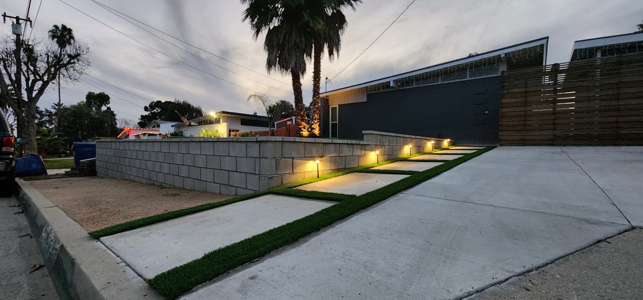 Artificial Turf Install with paver walkway and low voltage path lights ...