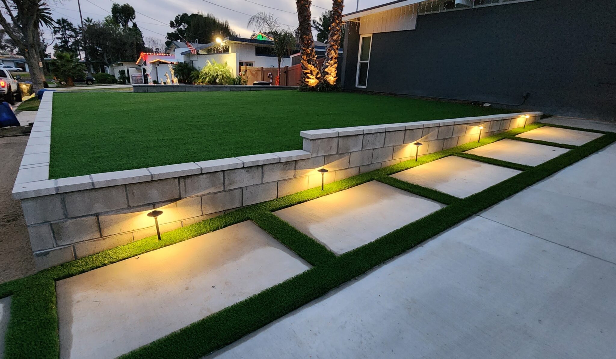 Artificial Turf Install with paver walkway and low voltage path lights ...